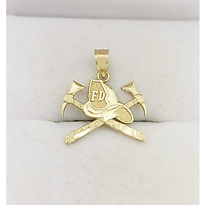 AMZ Jewelry 10K Yellow Gold Firemen's Hat And Axes Pendant Firefighter Charm