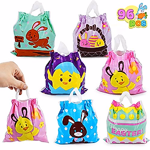 JOYIN 96 Pcs Easter Goodies Bags, Easter Kids Party Supplies, Draw String Easter Treat Bags, Goodie Bags, for Party Favor and Easter Classroom Prize Supplies