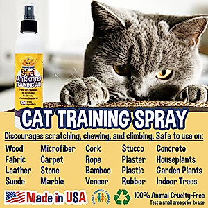 3-in-1 Cat & Kitten Training Aid with Bitter | Cat Training Spray for Indoor and Outdoor Use | Anti Scratch Furniture Protector | Establish Boundaries & Keep Cat Off | Made in The USA (8oz)