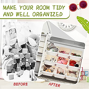 Veemuaro Toy Storage Organizer, Kids Bookcases and Children's Toy Organizer Rack, Kids Toy Box Chest with 17 Storage Bins and 4 Tier Bookshelf for Kids Room, Classroom and Nursery (All-in-One, Gray)