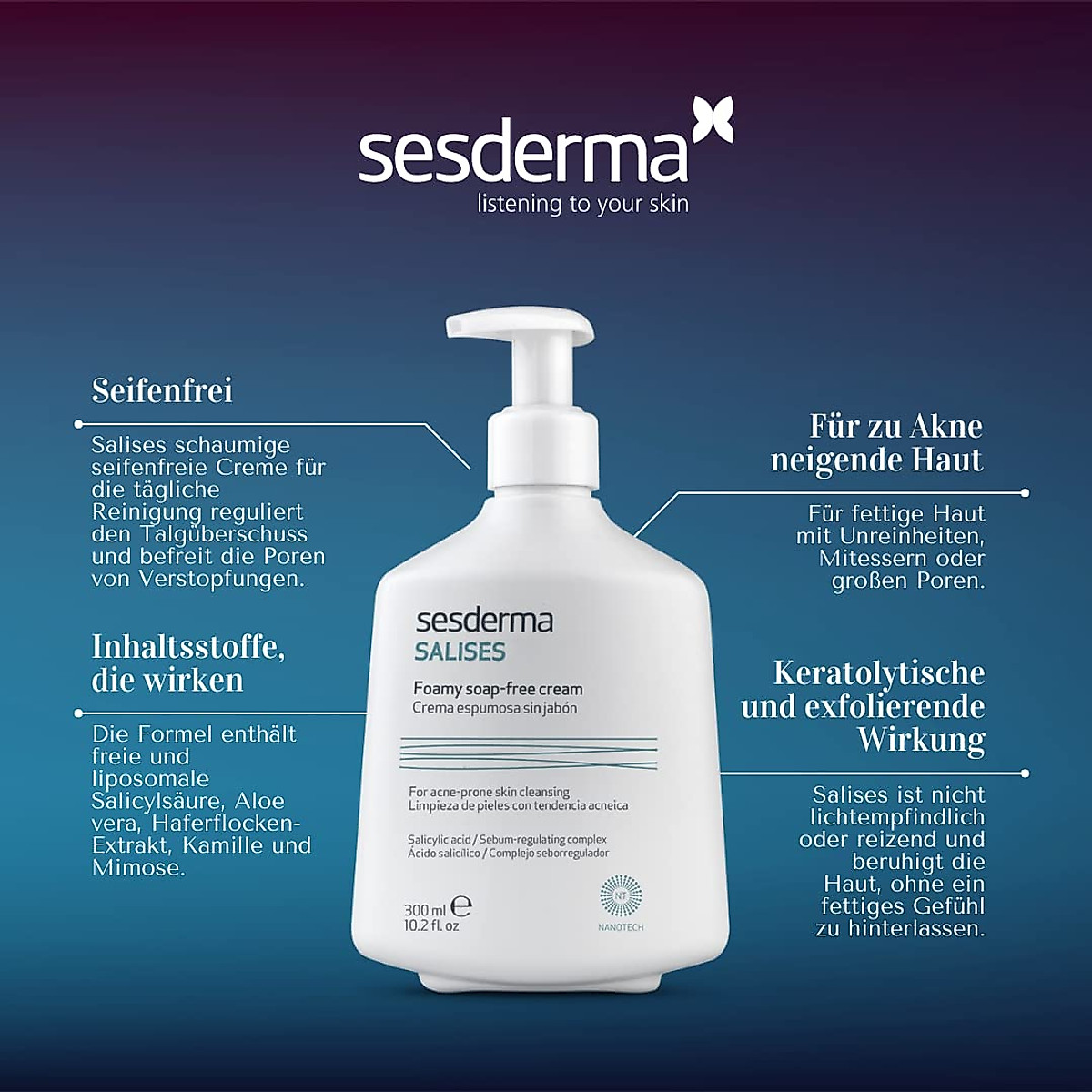 Sesderma SALISES Foamy Soap-free Cream Acne-prone and Oily skin Cleansing 10.2 fl. Oz