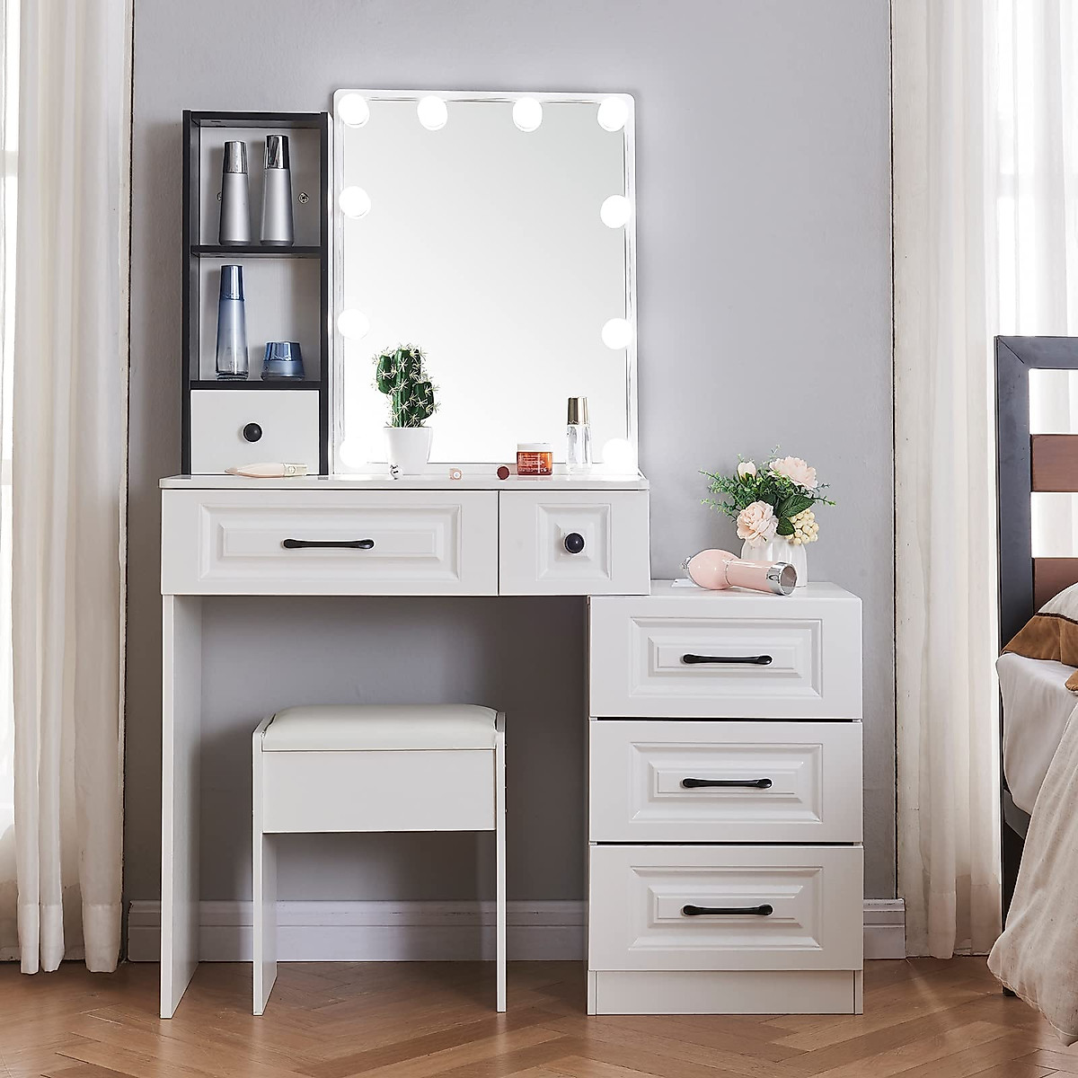 Abesthink Vanity Table,Vanity Dressing Table with Mirror and Charging Station,Makeup Vanity with Lights and Drawers,Vanity Desk with Mirror and Stool,Shelves,White