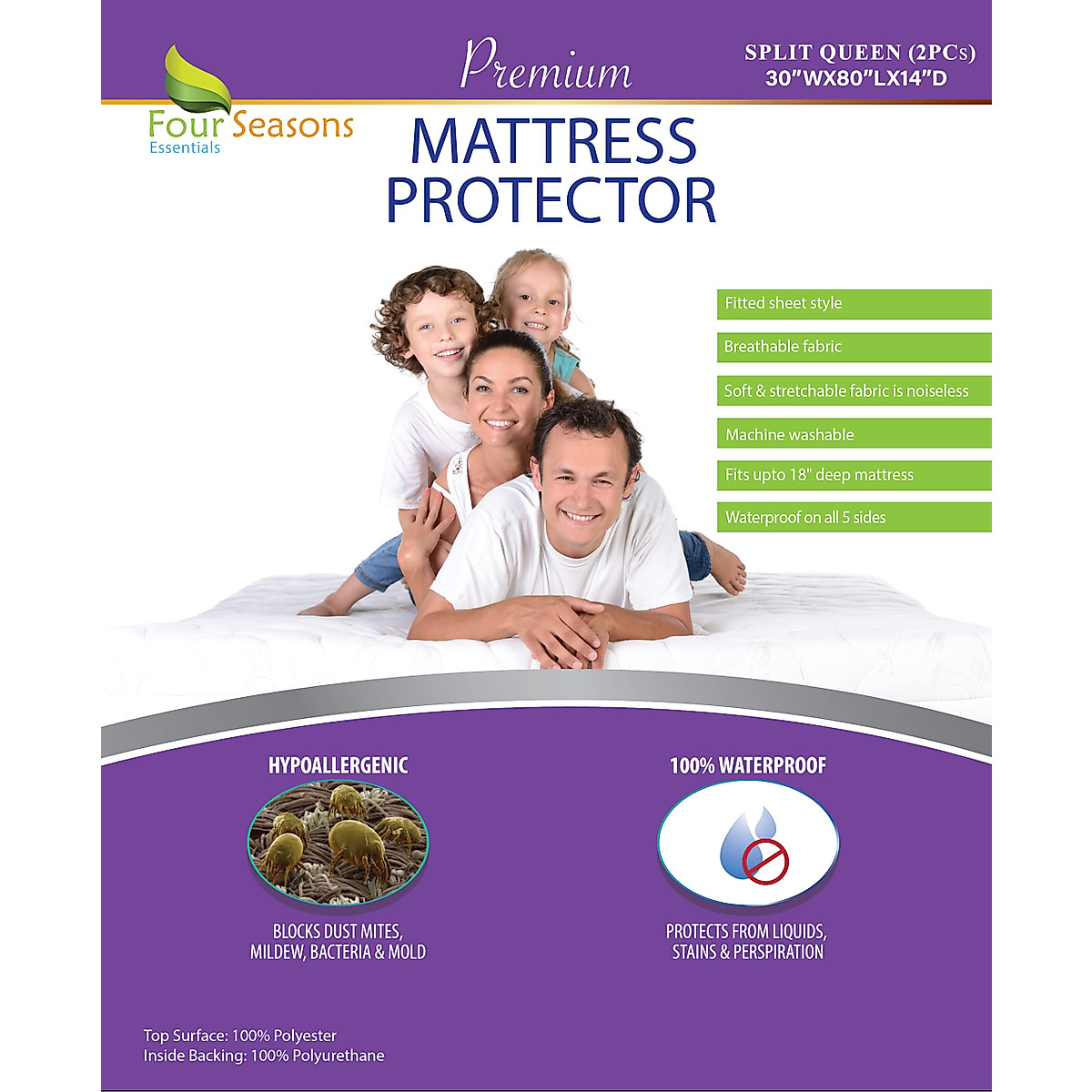 Split Queen Waterproof Mattress Protector 30" x 80" (2PCs) - Fitted Sheet Mattress Cover with Deep Pockets - Hypoallergenic, Breathable, Water Proof, Noiseless, Vinyl Free