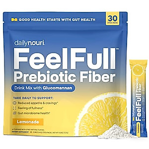 Daily Nouri FeelFull Prebiotic Fiber Drink Mix with Glucomannan & Chromium | for Natural Feeling of Fullness, Appetite & Cravings Support, Gut Microbiome & Metabolic Health | 30 Stick Packs