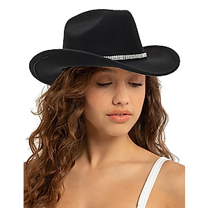 Women & Men Felt Western Cowboy Hat Classic Roll Up Brim Belt Buckle Cowgirl Fedoras (M-L)