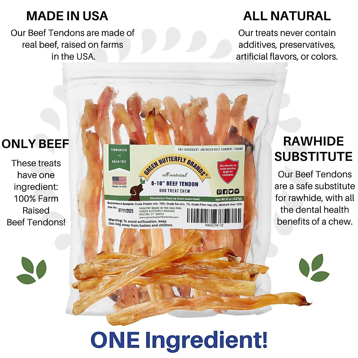 Green Butterfly Brands Beef Tendons for Dogs Made in USA. 6-10 Inch Grass Fed Farm-Raised American Beef Dog Treats. All Natural Dog Dental Chews. Grain Free Odor-Free Beef Dog Chews (8 OZ)