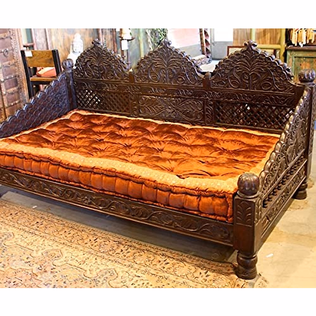 Worldcraft Industries Carved Jhula Day Bed. Twin Size. Handcrafted from Solid Indian Neem Wood (Medium Antique Finish, Day Bed Sofa: 44Dx83Wx40H)