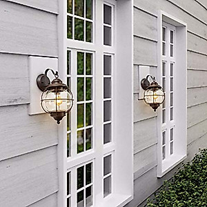 LNC Exterior Porch Light Fixture,17" Large Size Globe Seeded Glass & Metal Cage Frame for Garage, Hallway and Patio, Rustic Bronze Outdoor Wall Sconce