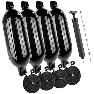 Five Oceans 4-Pack Boat Fenders - 4.5 x 16-Inch, Black - Boat Bumpers for Docking - 4 Ropes Lines 3/8-Inch x 5-Ft - Inflator Pump and 4 Needles for Pontoon Fishing Bass Sport Boats Sailboats - FO4537