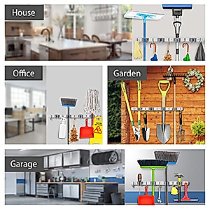 Garnen Mop and Broom Organizer (4 Racks 5 Hooks), Heavy Duty Broom Wall Mount Rake Holder Stainless Steel Tool Hanger for Home, Kitchen, Garage, Garden, Laundry Room, Bathroom Organization and Storage