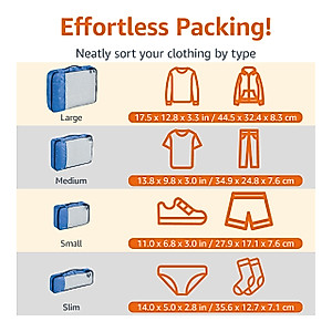 Amazon Basics 4 Piece Travel Organized Zippered Packing Cubes Set, Small, Medium, Large, Slim, Blue