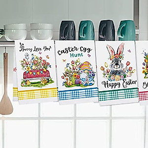 4 Pack Easter Kitchen Towels Easter Hand Towels Decorative Bunny Eggs Rabbit Towels Easter Dish Towels for Cooking Baking Drying Washing Dishes