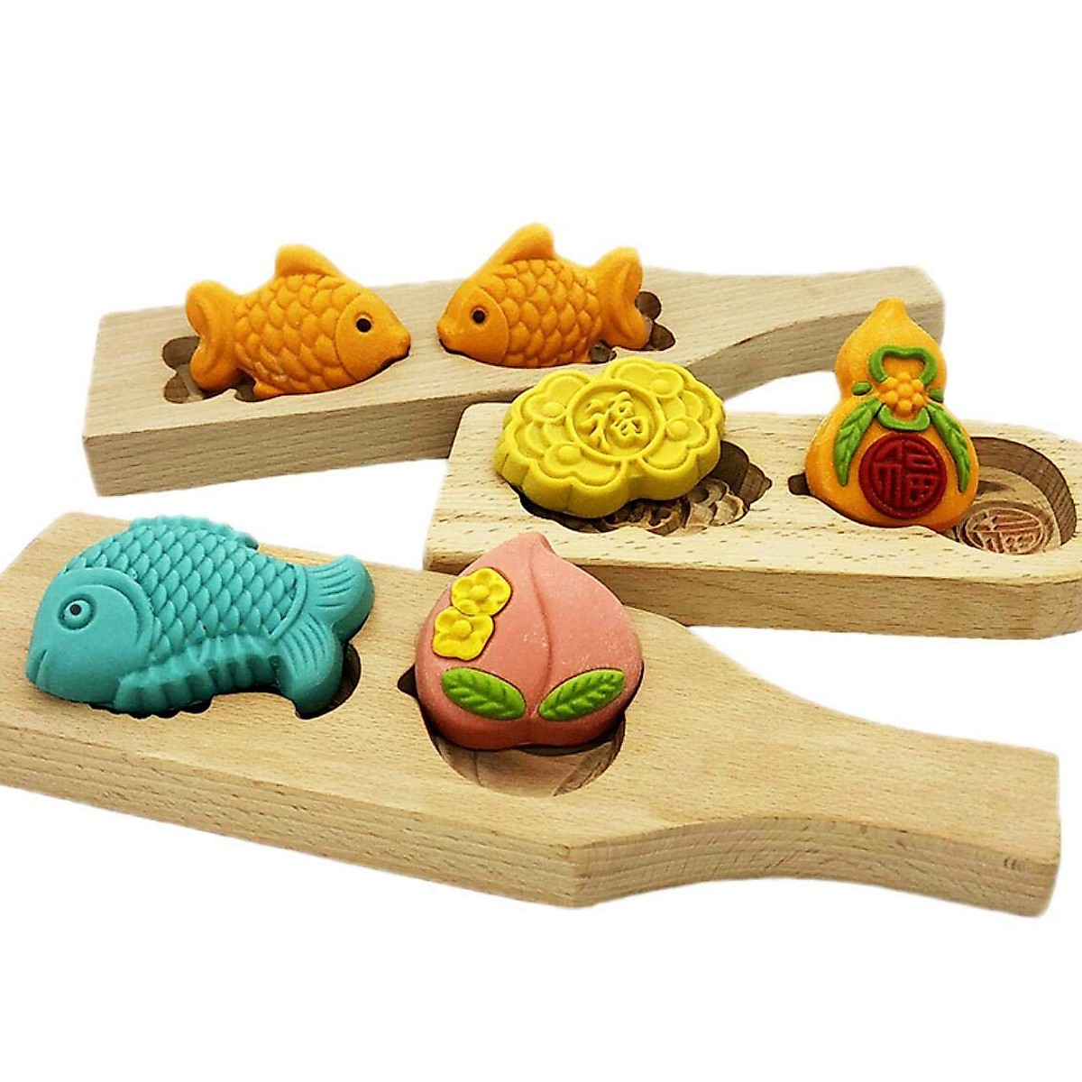 Wood Moon Cake Mold Chinese Traditional Mid-autumn Festival Moon Cake Mold Fish Shou Tao 2 Capacities Wooden Baking Mold for Moon Cake Cookie Pumpkin Pie,with Handle