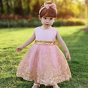 0-6T Big Bowknot Sequins Embroidered Lace Party Tutu Gown Toddler Baby Girls Dress with Headwear Easter Ball Gown Dress Pink 80