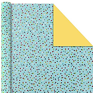 Hallmark Reversible Wrapping Paper Bundle (3 Rolls - 75 sq. ft. ttl: "Happy Birthday," Cupcakes, Stripes, Flowers, Polka Dots) in Yellow, Pink, Teal Blue, Black and White for Baby, Bridal, Birthdays