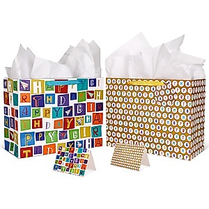 Giiffu 16.5" Extra Large Gift Bags for Birthday Party with Card and Tissue Paper (Pack of 2, Happy Birthday)