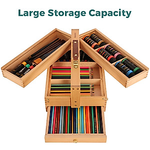 VISWIN Multi-Function Artist Storage Box, Portable Solid Beech Wooden Tool Box with Drawer, Three Layers Art Supplies Storage Box for Paint Brush, Pen, Pastel, Paining Supplies, 13 1/2" x9 1/2"x5"