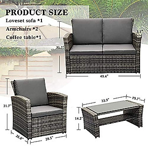 LayinSun 4 Piece Outdoor Patio Furniture Sets, Wicker Conversation Sets, Rattan Sofa Chair with Cushion for Backyard Lawn Garden (Grey)