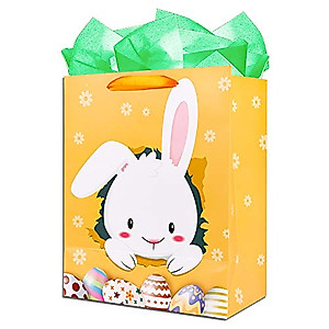 Hohomark Large Easter Gift Bag with Handles 5.8inchx10.5inchx13inch Easter Eggs Bunny Bags For Kids Presents Egg Hunts with Tissue Paper Spring Gift Bags for Easter Party Favor,Multi