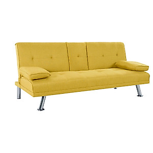 Naomi Home Transform Your Living Space with Comfort Green Futon Sofa Bed with Armrest, Cupholders, & Reclining Function, Ideal for Cozy Living Rooms! Sofa Bed Couch with Metal Legs, Yellow Linen