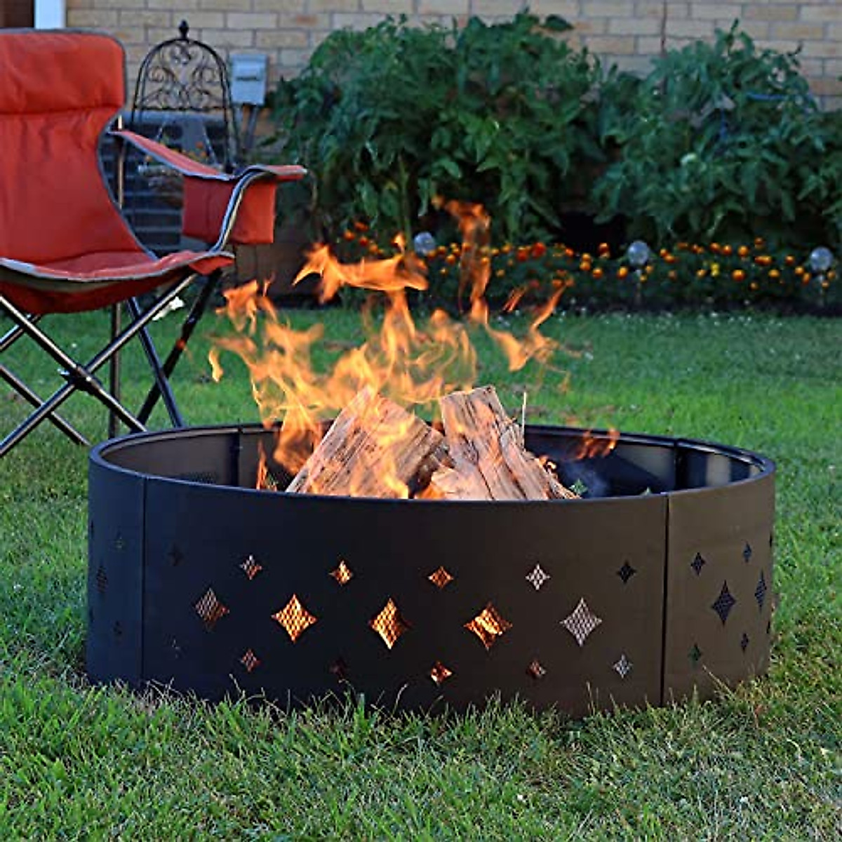 Sunnydaze Diamond 36-Inch Heavy-Duty Steel Fire Ring with Fire Poker