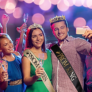 Lyrow 4 Pcs Halloween Prom Crowns and Sashes Set Graduation Prom King and Queen Tiara Sash for Party Favors Women Wedding Birthday Party(Black, Gold)