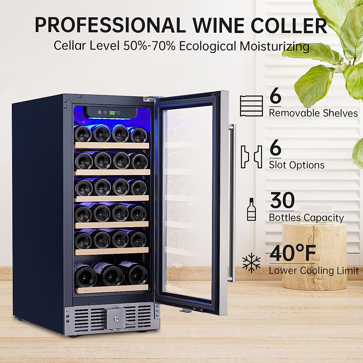 Takywep 30 Bottles Wine Fridge Under Counter, 15 Inch Wine Cooler with 40～60°F Digital Temperature Control, Safety Lock, All Wood Removable Shelves, Stainless Steel+Glass Door, Built-In Wine Cellars