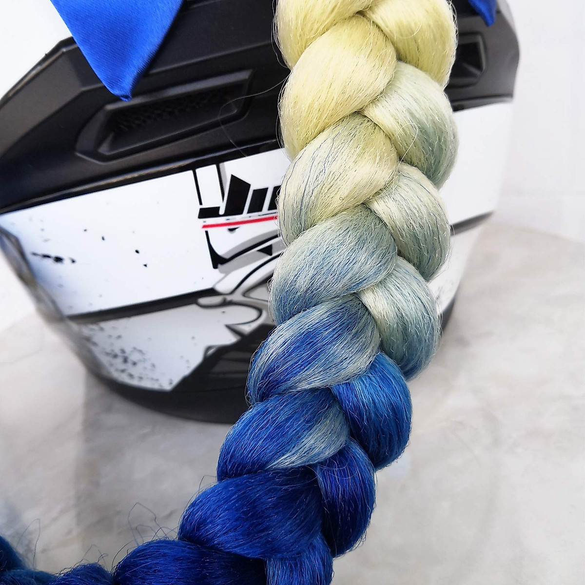 3T-SISTER Helmet Pigtails Helmet Braids Ponytail Helmet Hair with Suction Cup for Motor Bike 1PCS 24inch Ombre Blonde to Blue (Helmet not Included)