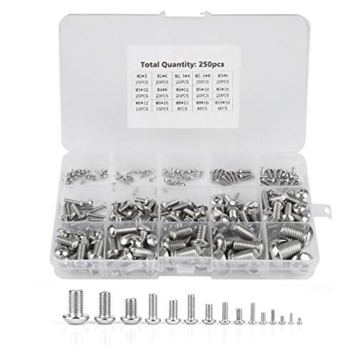250Pcs M2-M10 Machine Screws Stainless Steel Hex Socket Round Pan Head Screws for Laptop/Keyboard/Phone/PC Fastener Repair Tool SCRW-228778