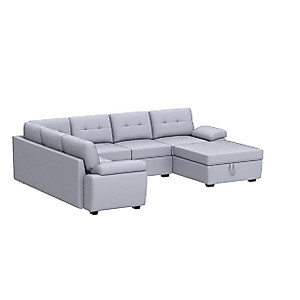 Sleeper Sofa Pull Out Couch with Storage, Modular Sectional Sofa Bed with Chaise Lounge, Modern Comfy 6 Seater U Shape Couch Bed for Living Room, Apartment, Home Office(Grey)