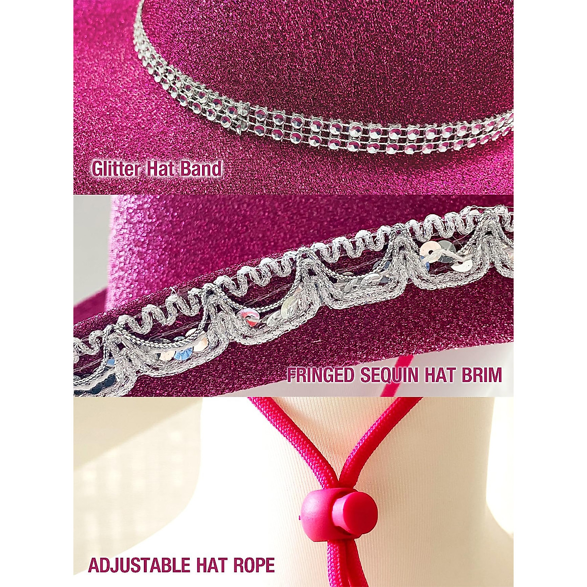 Cowboy Hat Pink Cowgirl Hat with Sequins & Tiara Crown for Women Rodeo Party Hats with Heart Glasses (Felt, Hot Pink)