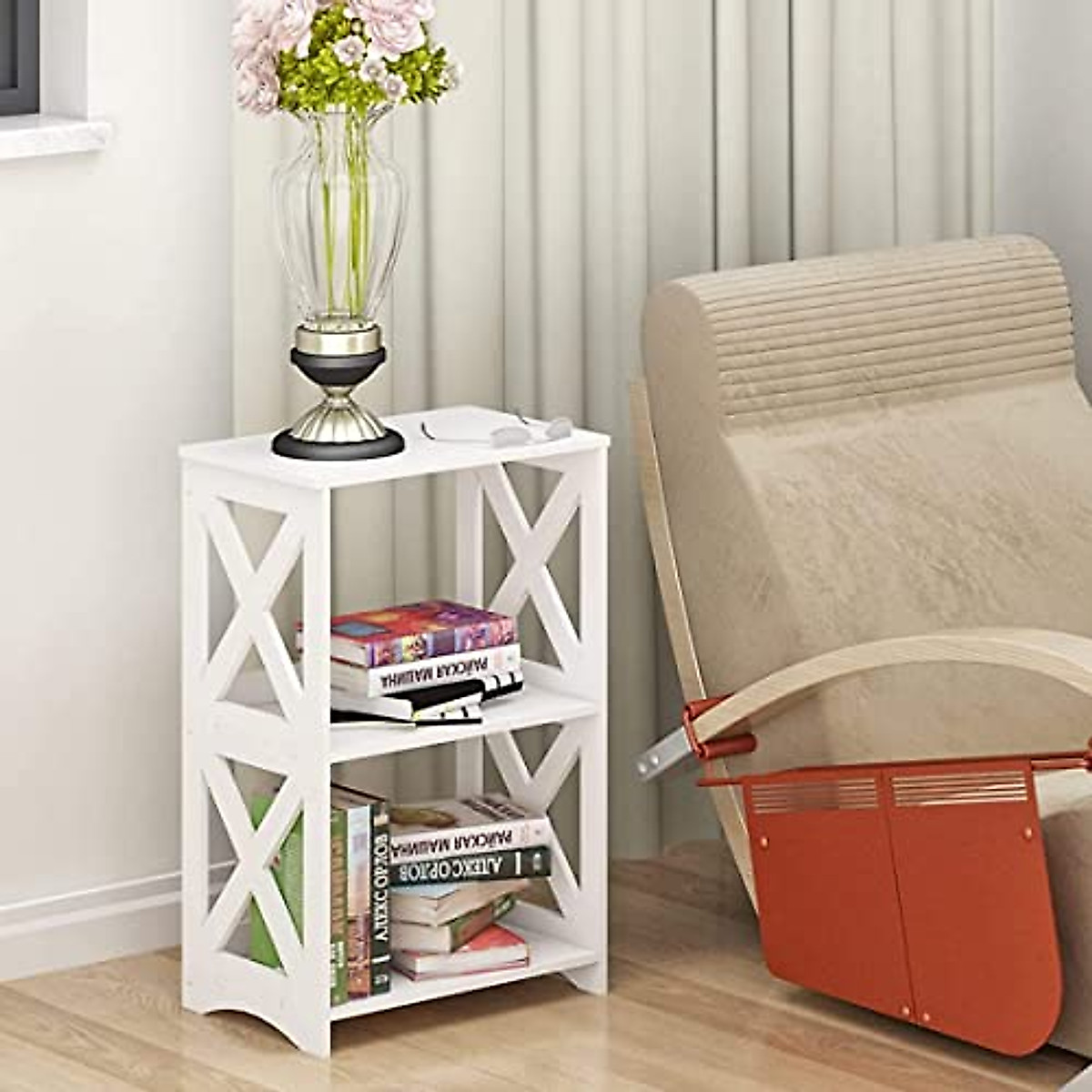 RIIPOO End Bedside Table 3 Tier, White, Bathroom Nightstand Shelf for Small Spaces, Living Room, Office, Dorms