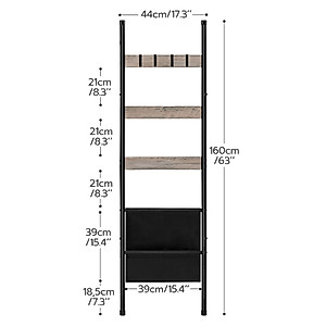 HOOBRO Blanket Ladder, 5 Tier Towel Rack, 17.3" L x 63" H, Wall-Leaning Blanket Rack for Living Room, Decorative Ladder with 4 Hooks and Magazine Pocket, Greige BG32CJ01