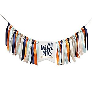 Wild One Banner for 1st Birthday - Highchair Banner for First Birthday Theme Decoration,Highchair Banner for Boy or Girl, Photo Booth Props (Wild One Blue High Chair Banner)