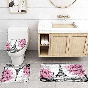 Britimes 4 Piece Shower Curtain Sets, Pink Ground Paris Eiffel Tower with Non-Slip Rugs, Toilet Lid Cover and Bath Mat, Durable and Waterproof, for Bathroom Decor Set, 72" x 72"