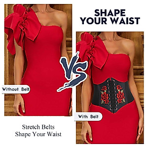 Urieo Elastic Rose Embroidered Lace-up Corset Belt Stretchy Tied Black Waspie Belts Wide Halloween Party Dress Cincher Waist Belt for Women