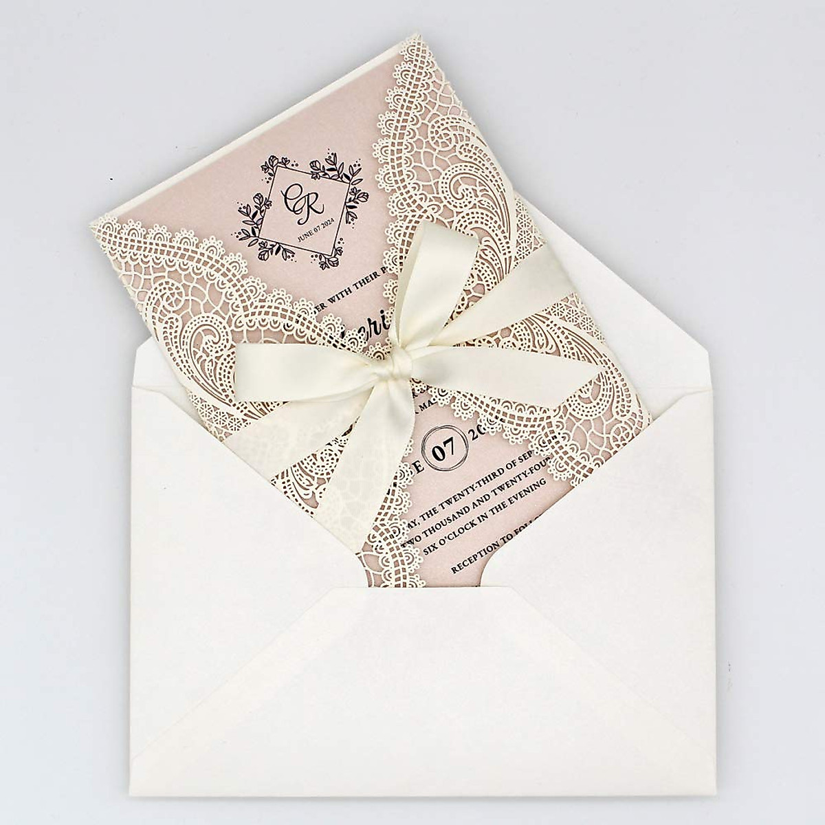 Picky Bride 25-Pack White Lace Laser Cut Wedding Invitations with Blush Pink Shimmer Insert, Elegant Invite Cards for Wedding/Sweet Sixteen/Baby Shower/Bridal Shower/Birthday Party