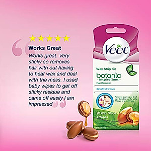 VEET Wax Strips Hair Removal Kit for Face, Underarms, Bikini, Dermatologically Tested, 20ct Wax Strips, 2 Sizes with Shea Butter & 4ct Wipes for At Home Waxing