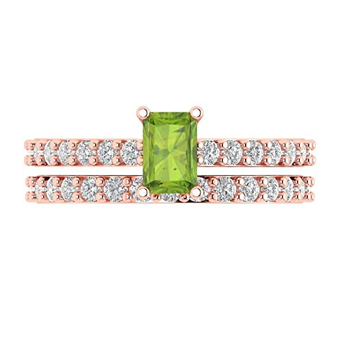 Clara Pucci 1.38ct Emerald Round Cut Pave Solitaire W/Accent Genuine Green Peridot Statement Bridal Ring Band Set 14k Rose Gold 10
