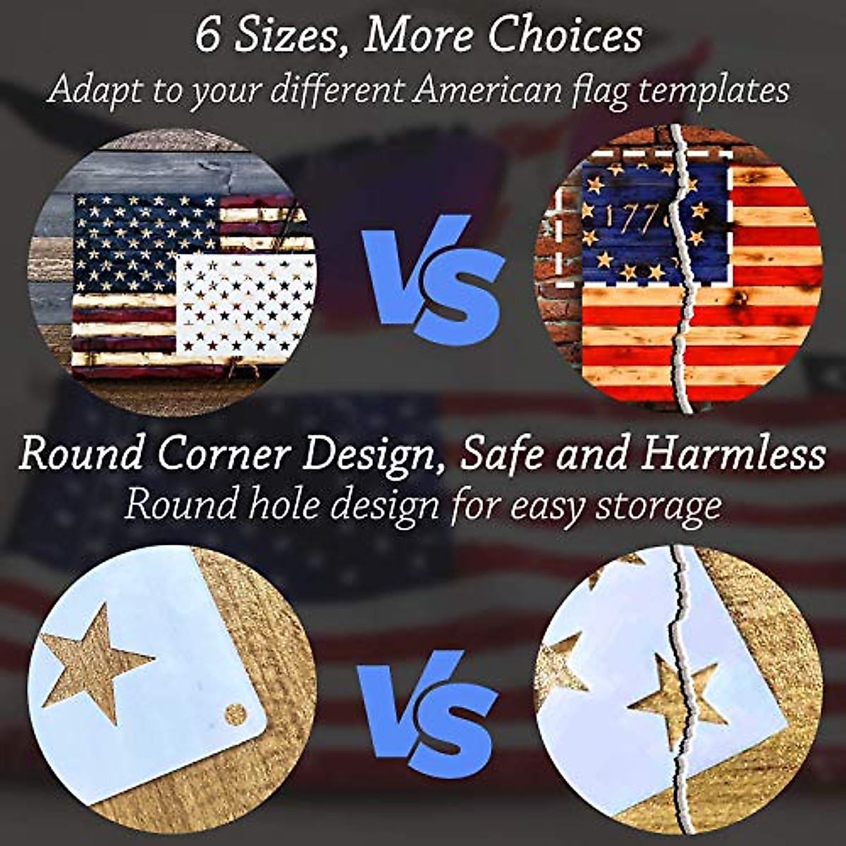 WISYOK American Flag 50 Star Stencils and 13 Stars 1776 Templates, American Flag Templates, Ideal for Painting on Wood, Fabric, Paper, Walls [6 Sizes, 2 Styles]
