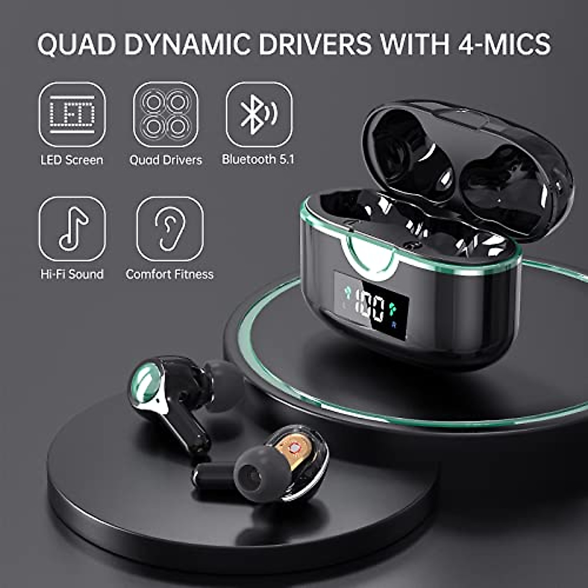 TUSUEYGT Wireless Earbuds, 4 Dynamic Drivers Bluetooth Headphones TWS Earbuds, 40Hrs Playtime with LED Power Display Charging Case Touch Control in-Ear Earphones HiFi Stereo Sound Headset for Sport