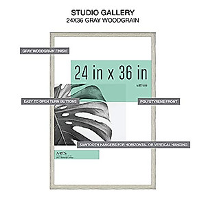 MCS Studio Gallery 24x36 Poster Frame Gray Woodgrain, Vertical & Horizontal Wall Hanging Large Picture Frame for Photos, Posters & Art Prints (2-Pack)
