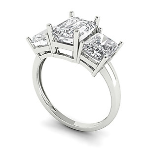 Clara Pucci 4 Ct Brilliant Emerald Cut Clear Simulated Diamond 14K White Gold Three Stone Engagement Promise Bridal Ring Size 3.5
