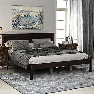 POCIYIHOME Queen Wood Platform Bed Frame with Headboard, Modern Bed Frame with Solid Wood Slat and Support Legs for Bedroom, Simple and Classic Design, No Box Spring Need, Espresso (Queen)