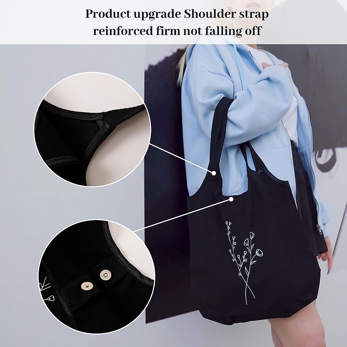 KIEKIECOO Canvas Tote Bag Black Aesthetic Personalized Custom Reusable Grocery Bags Floral Line Art Shopping Shoulder Bag
