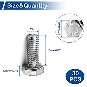 MroMax 30Pcs M6 x 16mm Hex Head Screws Bolts, 304 Stainless Steel 18-8, Fully Threaded, External Hex Drive, for Mounting Chair, Handles, Rail, Pump, Wheels, Antenna Parts, Boat and Plastic Bumpers