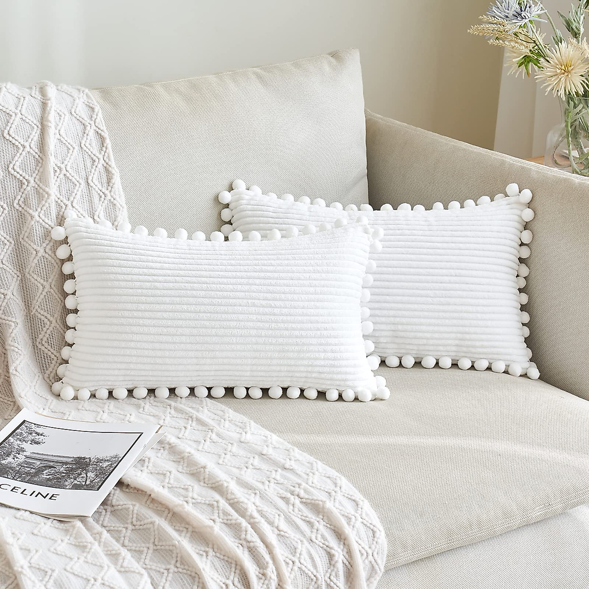 ANRODUO Pack of 2 White Boho Decorative Pillow Covers with Pom-poms 12x20 Pillow Cover Corduroy Cushion Case Cute and Soft Lumbar Throw Pillows for Bed Couch Sofa Living Room Fall Home Decor