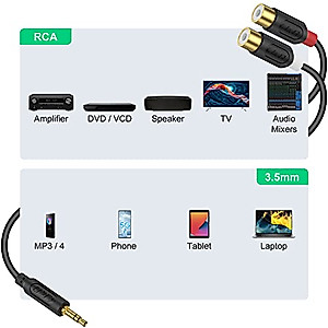 J&D 3.5 mm to 2 RCA Cable, Gold Plated Audiowave Series 3.5mm Male to 2RCA Female Stereo Audio Adapter Y Splitter RCA Cable, 3 Feet