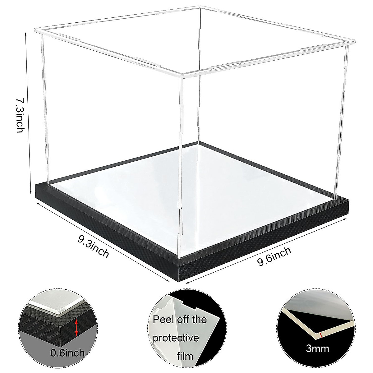 Clear Hat Display Case Acrylic Baseball Cap Holder Stand Transparent Hat Storage Box Dustproof Square UV Protection Cabinet with Carbon Fiber Skin Base and Removable Mirror Base