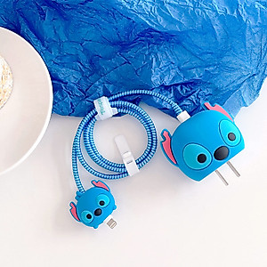 3D Cute Cartoon Charger Protector Case - Compatible for Apple 20W USB-C Power Adapter and Lightning Cable (Blue Lion Stitch)
